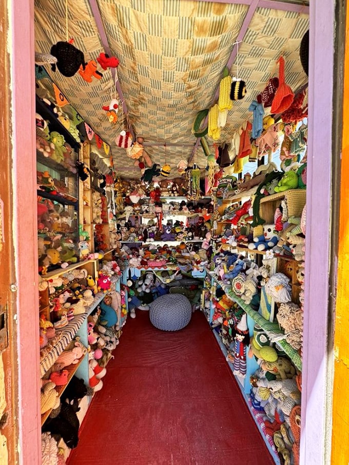 Step inside and prepare for sensory overload: thousands of crocheted treasures create a rainbow tunnel of pure imagination.