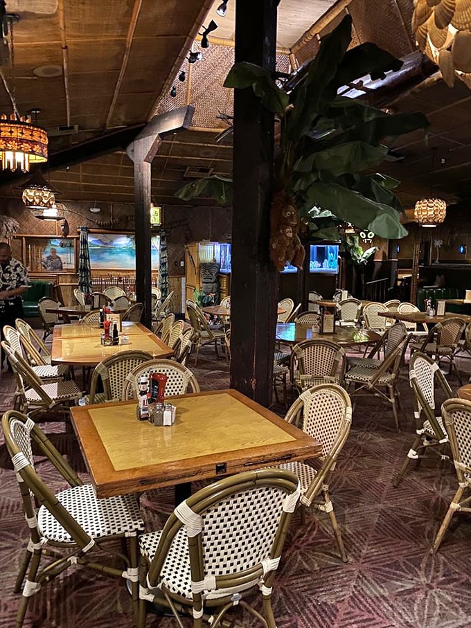 Inside, time stands still in the best possible way – rattan chairs, bamboo ceilings, and enough tropical plants to make a botanist swoon.