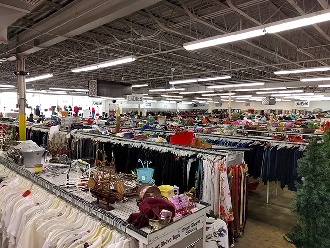 A sea of clothing racks stretches toward the horizon, promising fashion adventures for the intrepid thrift explorer.