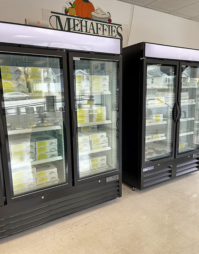 Refrigerated cases lined with boxed treasures – like a bank vault, but the dividends are paid in butter, sugar, and pure joy.