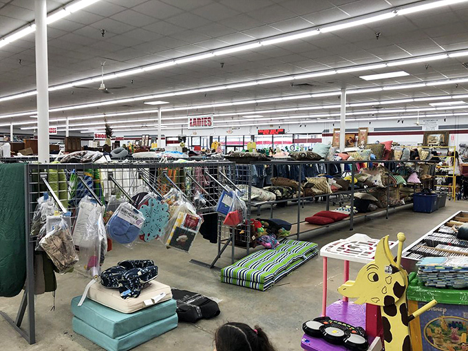 Fluorescent lights illuminate acres of possibility. This isn't shopping—it's an archaeological dig where yesterday's castoffs become tomorrow's conversation pieces.