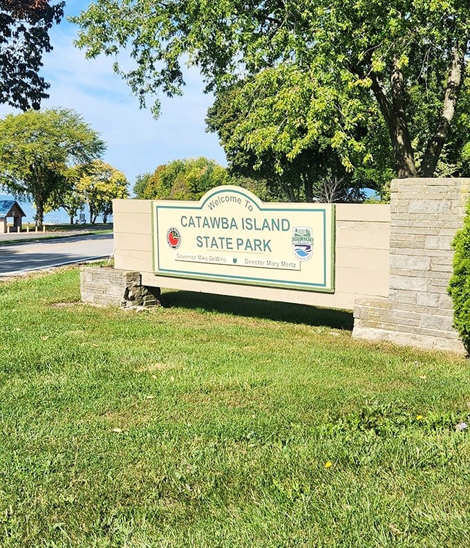 "Not actually an island" might be the fine print, but this welcoming sign promises lakeside magic that delivers far beyond its modest 10 acres.