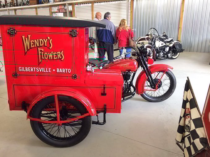 This gleaming vintage delivery motorcycle isn't just transportation—it's a time machine on wheels. Wendy's Flowers once delivered blooms throughout Barto with style.