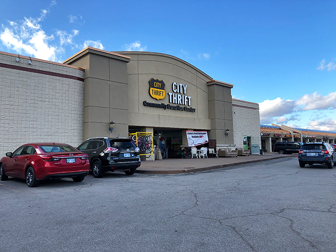 City Thrift's curved facade promises adventure within—like Indiana Jones for the bargain-hunting set.