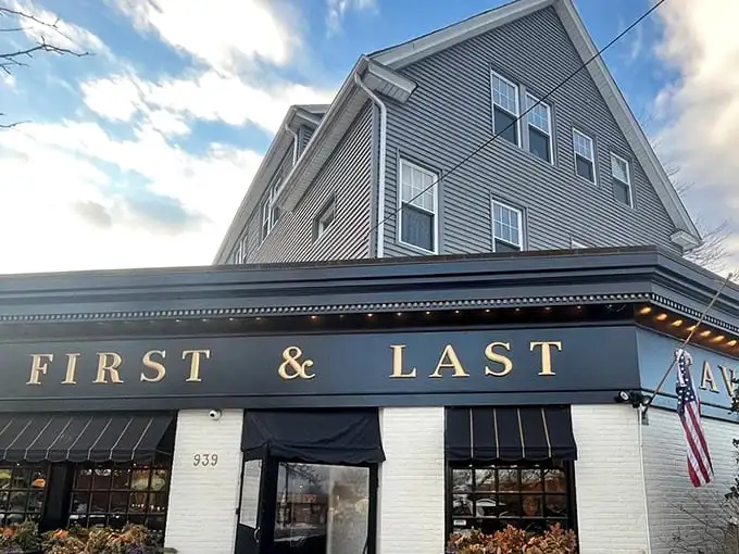 First & Last Tavern: Classic brick, elegant signage, and an American flag—this Hartford institution has all the makings of a perfect neighborhood pizza spot.