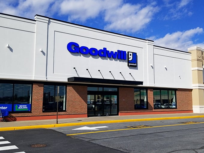 Goodwill's clean, bright facade isn't just inviting—it's practically winking at your wallet with promises of hidden gems inside.
