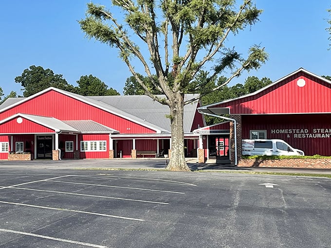 Homestead's barn-red building stands out like a beacon for hungry travelers—the steak equivalent of a lighthouse.