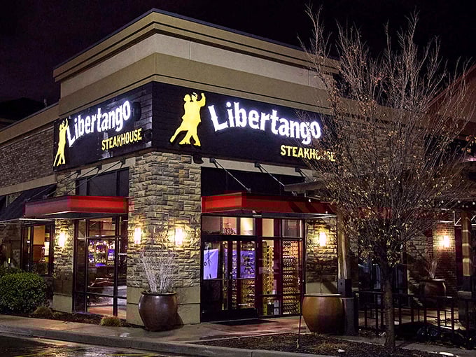 Libertango's glowing night presence is like a beacon for steak lovers. The dancing couple logo hints at the flavor tango waiting inside.