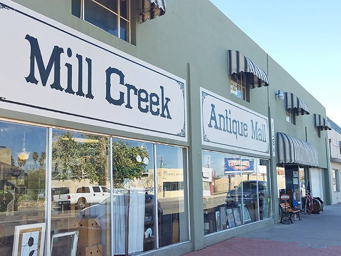 Mill Creek's charming storefront promises vintage adventures behind those striped awnings – no DeLorean required for time travel.
