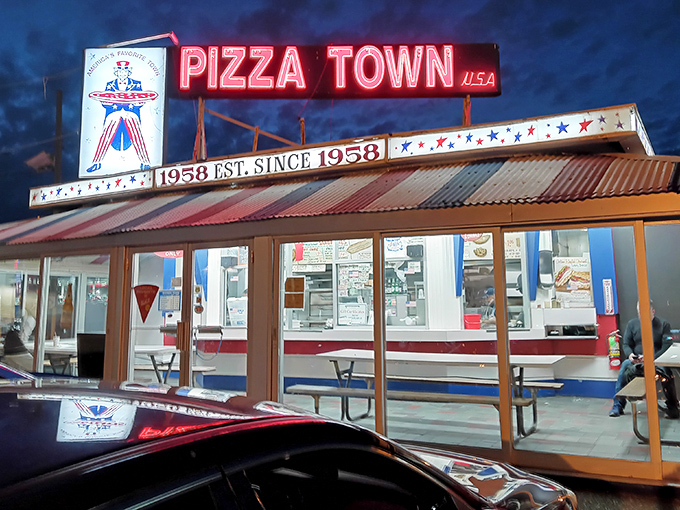 Pizza Town USA's neon sign has been lighting up Route 46 since 1958 – a patriotic pizza paradise frozen in time.