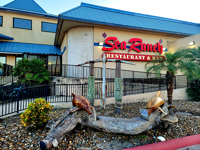Sea Ranch's bright blue roof stands like a beacon for hungry travelers. The promise of fresh Gulf shrimp awaits inside!