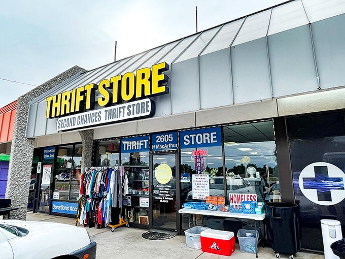 Second Chances' bold yellow sign shines like a beacon for bargain hunters cruising MacArthur Boulevard.