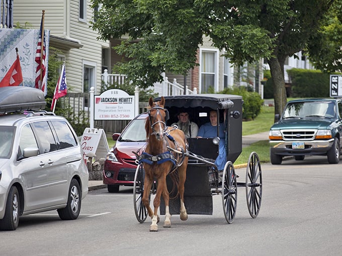 A classic Amish buggy, seen from behind on a winding country road. The original "slow travel" experience beckons in Sugarcreek.