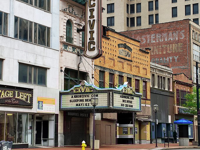 The Akron Civic Theatre's vintage marquee promises entertainment just as it has for generations. This architectural gem still knows how to put on a show.