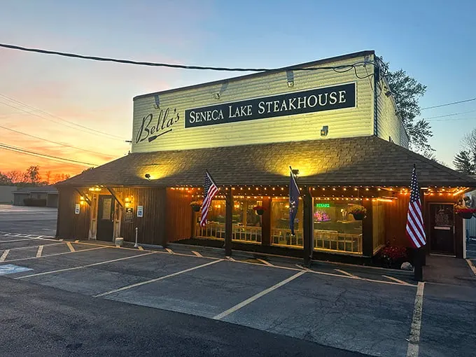 Sunset at Bella's creates the perfect backdrop for steak magic. Those American flags aren't the only things waving hello!