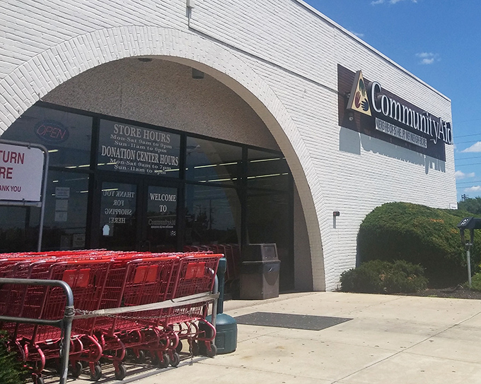 Those red shopping carts are like ruby slippers – they'll transport you to a magical land of thrift store treasures.