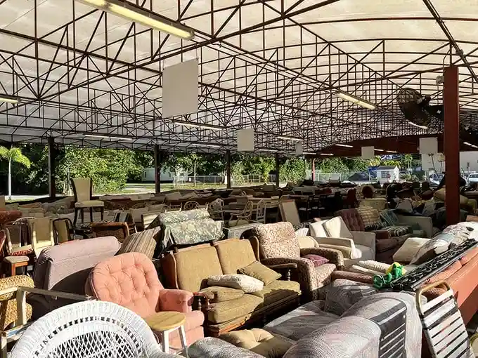 A sea of sofas under an open-air canopy – Faith Farm's furniture section is where budget decorators find paradise.