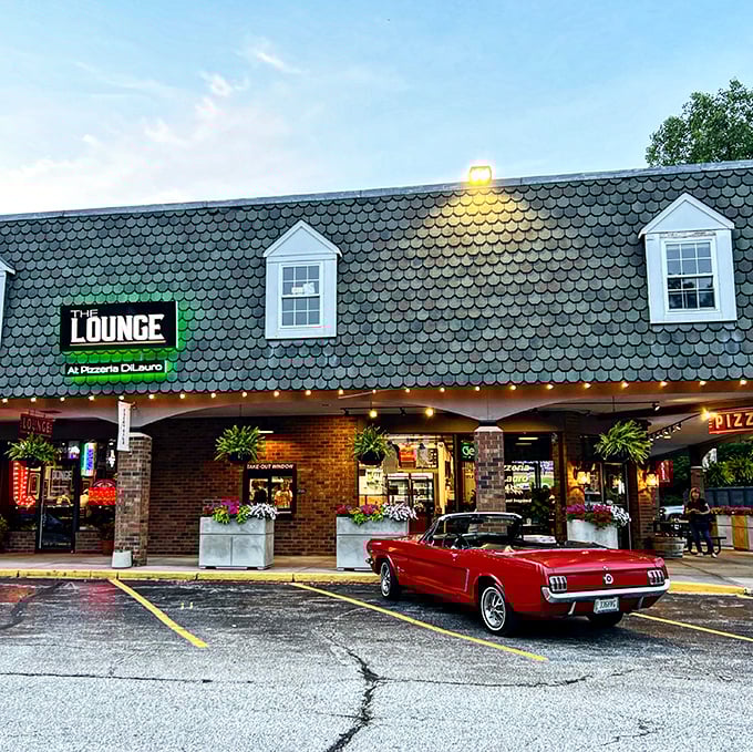 Classic red convertible meets classic pizza joint – some things never go out of style.