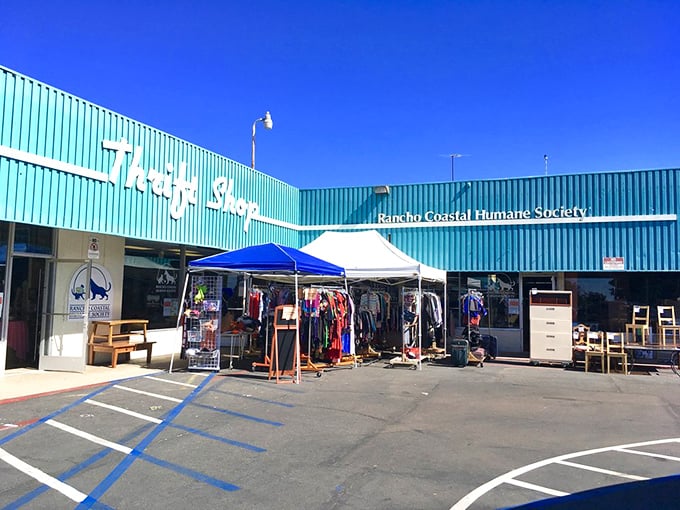 Outdoor racks under the California sun—where beach town bargains and good karma collide beautifully.