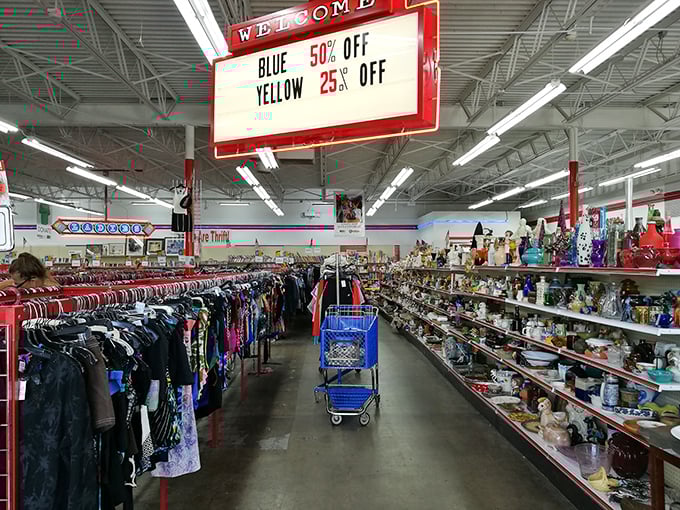Color-coded discounts guide shoppers through Red Racks' aisles. Blue tags at 50% off? That's better than winning the lottery!