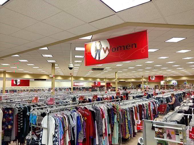 Inside Savers, the women's department stretches as far as the eye can see—a fabric forest of possibilities waiting to be discovered.