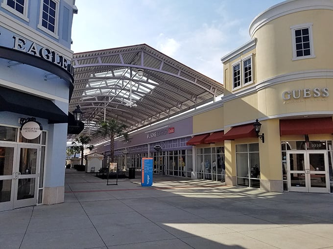 Covered walkways at Tanger Outlets Charleston offer shade for your shopping marathon – because sunburn and savings don't mix!