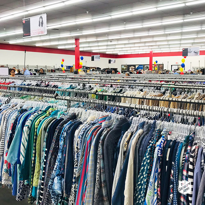 Rack after glorious rack of potential wardrobe upgrades. The Salvation Army's clothing section is a fashionista's playground at piggy bank prices.