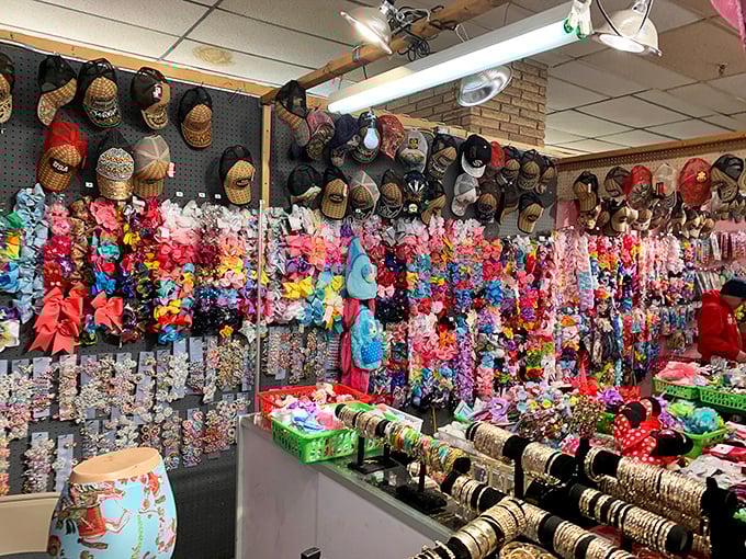 A rainbow explosion of hair accessories and caps. This booth answers the eternal question: "Can you ever really have too many scrunchies?" (Spoiler: no.)