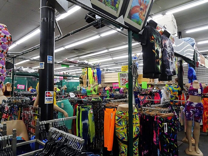 A textile rainbow where neon meets necessity—this clothing section offers everything from beach-ready attire to "where would I even wear that?" fashion statements.
