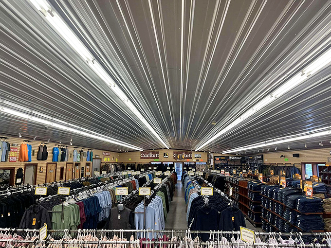Not just vintage finds here—the indoor section offers brand-new apparel with that distinctive metal ceiling creating a cathedral of casual fashion.