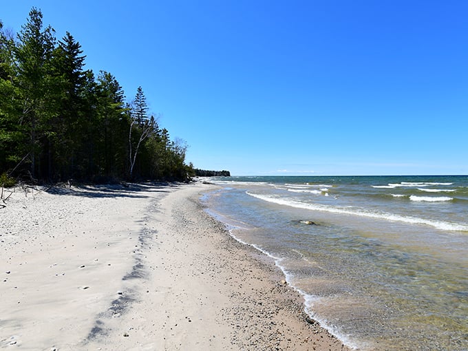 Lake Huron's pristine shoreline stretches into the distance, offering beachcombers miles of peaceful wandering and Petoskey stone hunting opportunities.