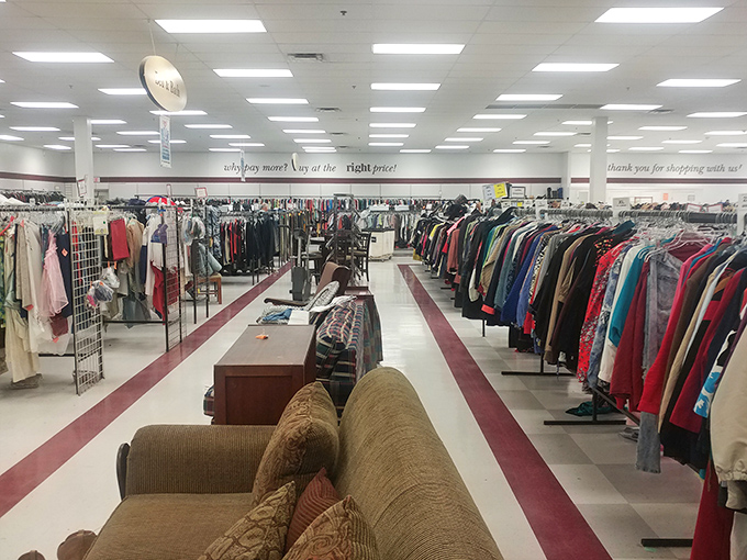 Endless racks stretch toward retail infinity. This isn't just shopping—it's a treasure hunt with better lighting and no sand in your shoes.