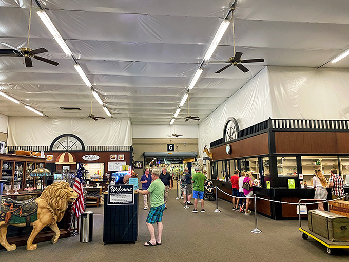 Wide aisles and organized chaos—the perfect recipe for discovery. That lion statue isn't judging your purchases, but he might be eyeing that vintage suitcase.