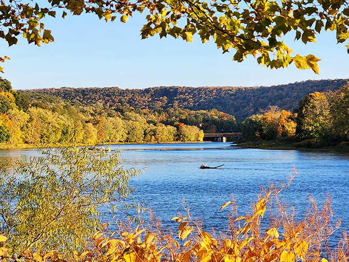 Fall foliage frames the Allegheny River like nature's own masterpiece, proving million-dollar views don't require million-dollar budgets.