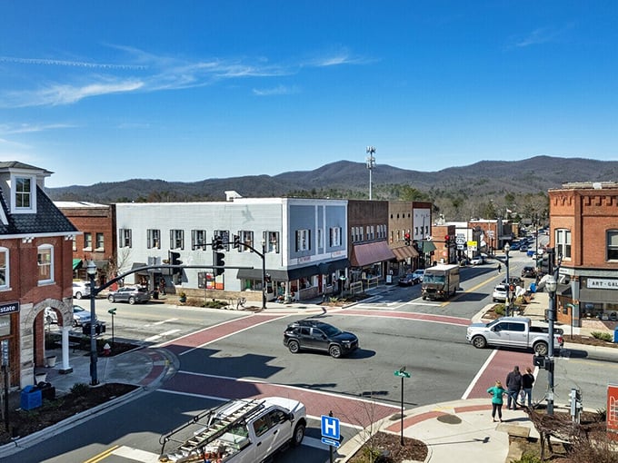 Brevard's downtown vista showcases the perfect blend of historic architecture and mountain backdrop—like a Norman Rockwell painting with better coffee options.