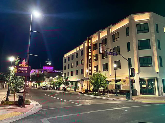 Downtown Merced after dark proves small towns know how to light up the night without lighting up your credit card statement.
