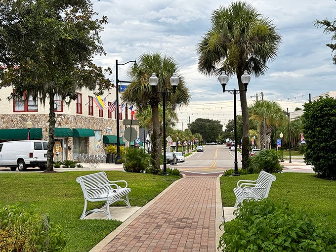 Palm trees standing guard over brick-paved walkways—nature's way of saying "slow down and enjoy retirement" without sending you a bill.