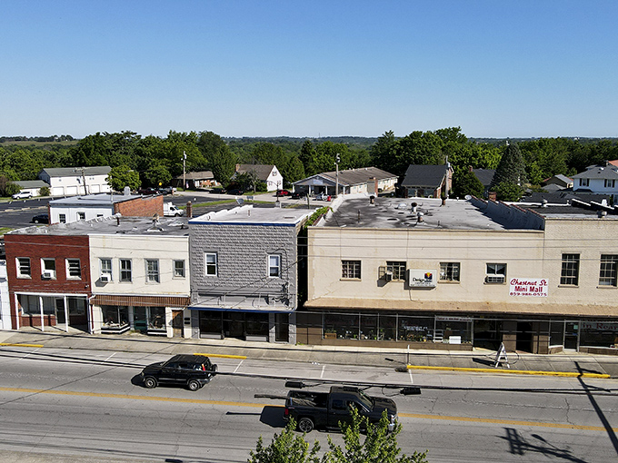 A bird's-eye view of Berea's downtown reveals the patchwork of historic buildings nestled against rolling Kentucky hills—small-town America in its most photogenic form.