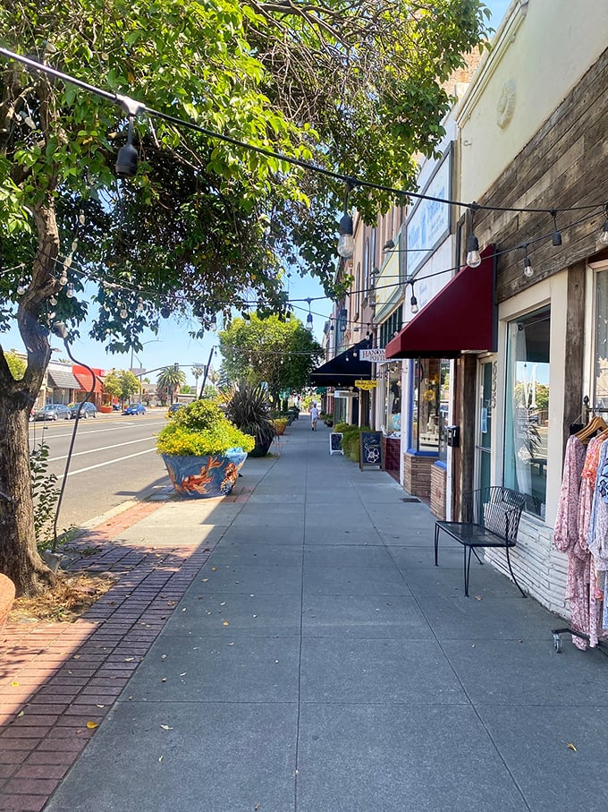 Strolling these sidewalks feels like walking through a Norman Rockwell painting that somehow got a California makeover—complete with string lights.