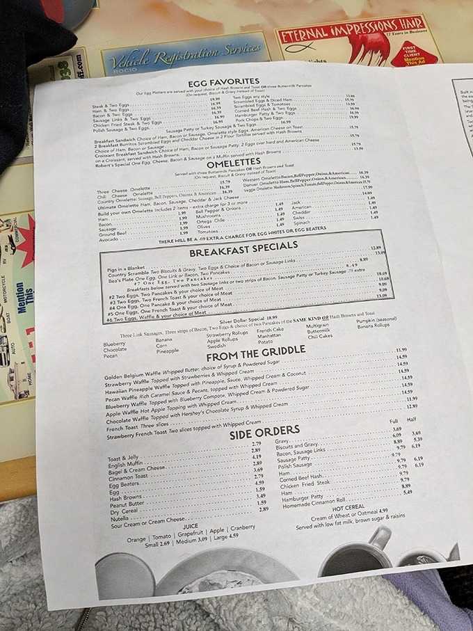 A menu that doesn't need fancy fonts or QR codes – just honest breakfast options that would make Ron Swanson nod in approval.