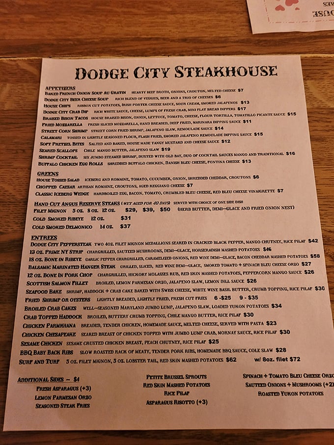 A menu that reads like a carnivore's dream journal. Notice how they don't waste precious space on salad descriptions? That's confidence.