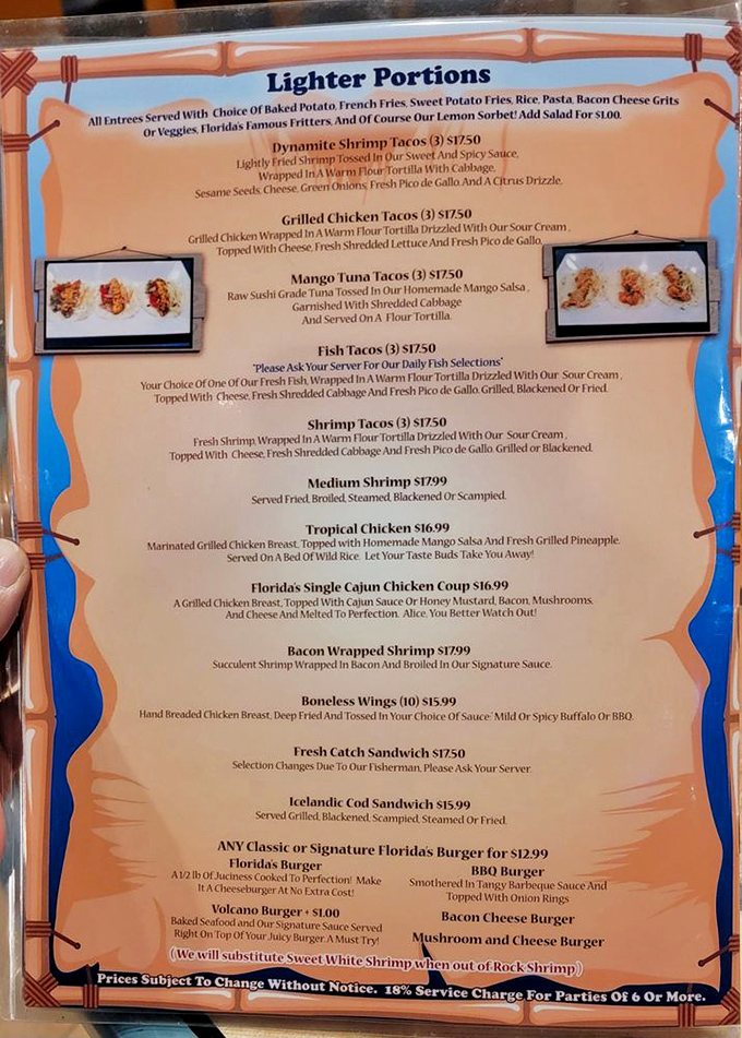 This menu isn't just a list of options—it's a treasure map where X marks the spot for seafood glory and taste bud adventure.