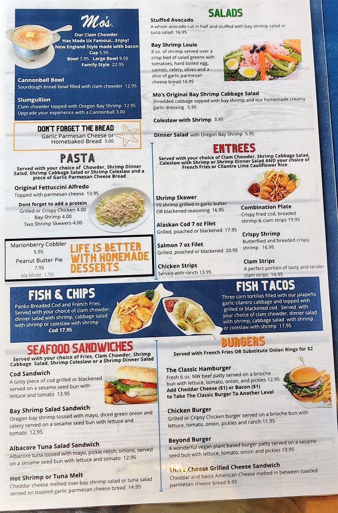 This menu isn't just a list of options—it's a treasure map to seafood nirvana. The "Cannonball" bread bowl alone is worth the pilgrimage.