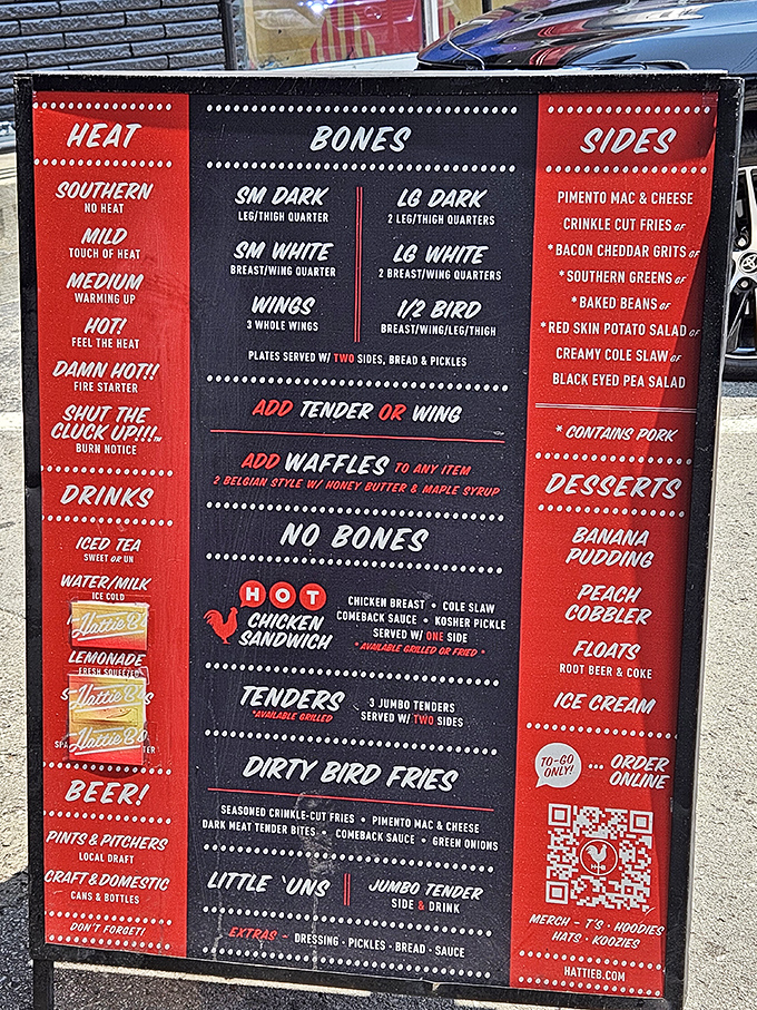 The menu board reads like a challenge from mild to wild. That "Shut the Cluck Up!!!" comes with a burn notice for good reason.