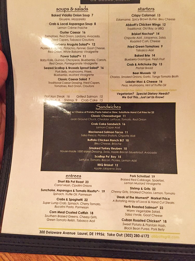 This menu reads like a love letter to Delaware's bounty—where French onion soup shares the spotlight with local asparagus and Chesapeake crab. 