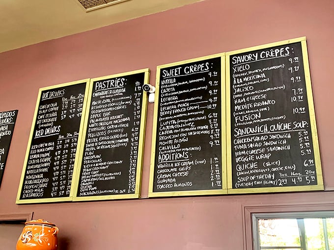 The menu board reads like a dessert lover's bucket list—sweet crepes, savory crepes, and pastries that'll make you question your commitment to moderation.