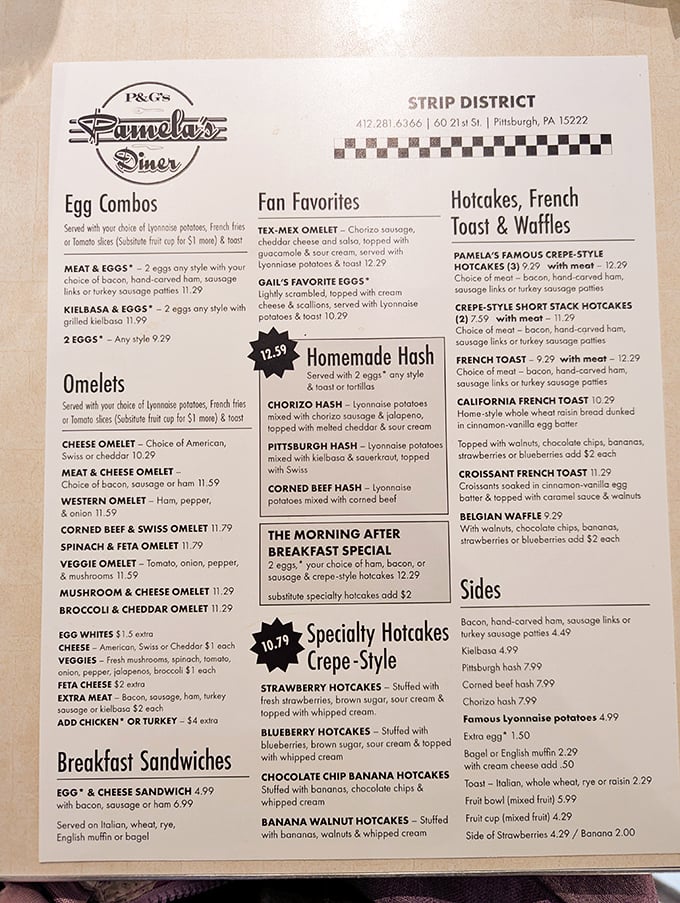This menu isn't just a list of options—it's a roadmap to breakfast nirvana. The "Specialty Hotcakes" section deserves its own zip code.