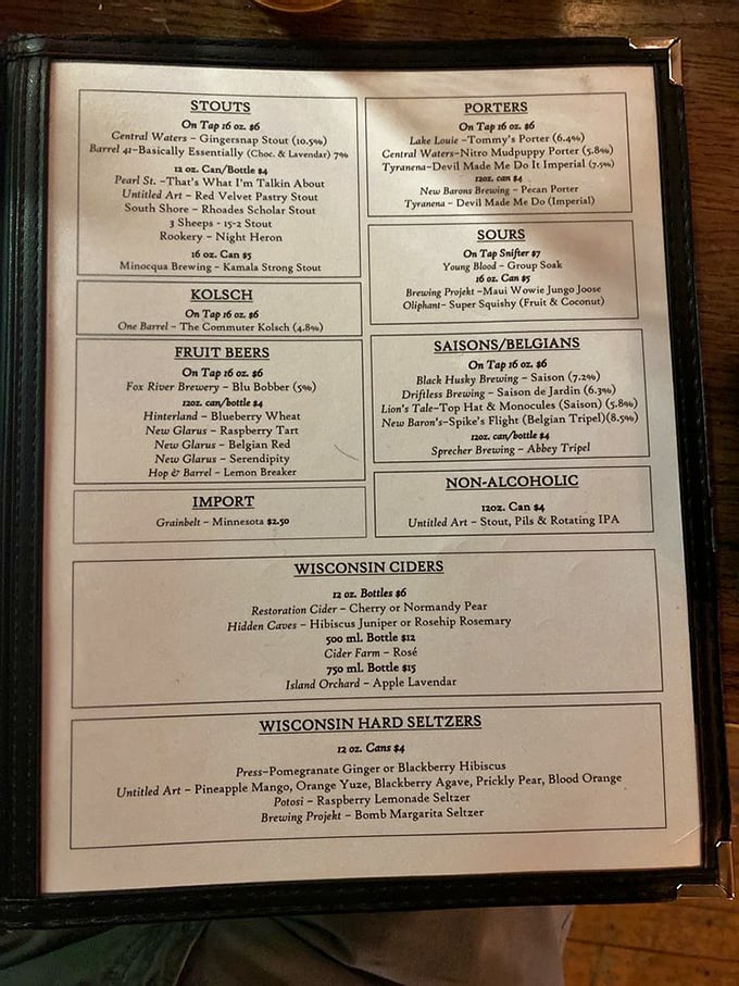 This isn't just a drink menu; it's a love letter to Wisconsin brewing. Reading it feels like touring the state's finest taprooms without leaving your seat.