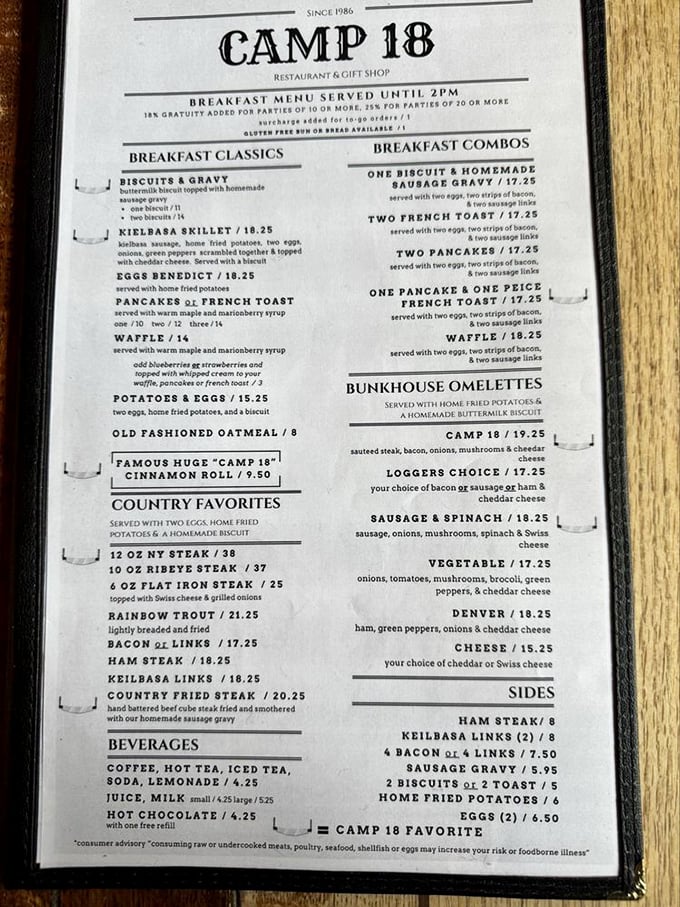 The menu reads like a lumberjack's dream journal – hearty classics that could fuel a day of forest work or, in my case, an afternoon nap.