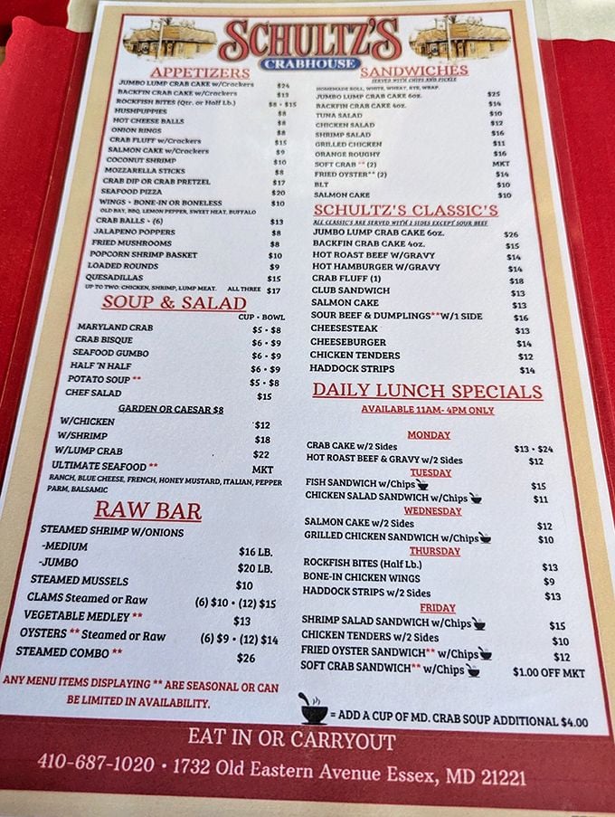 This menu isn't just a list of dishes—it's a treasure map to seafood nirvana. The "Maryland Crab" entry deserves its own spotligh